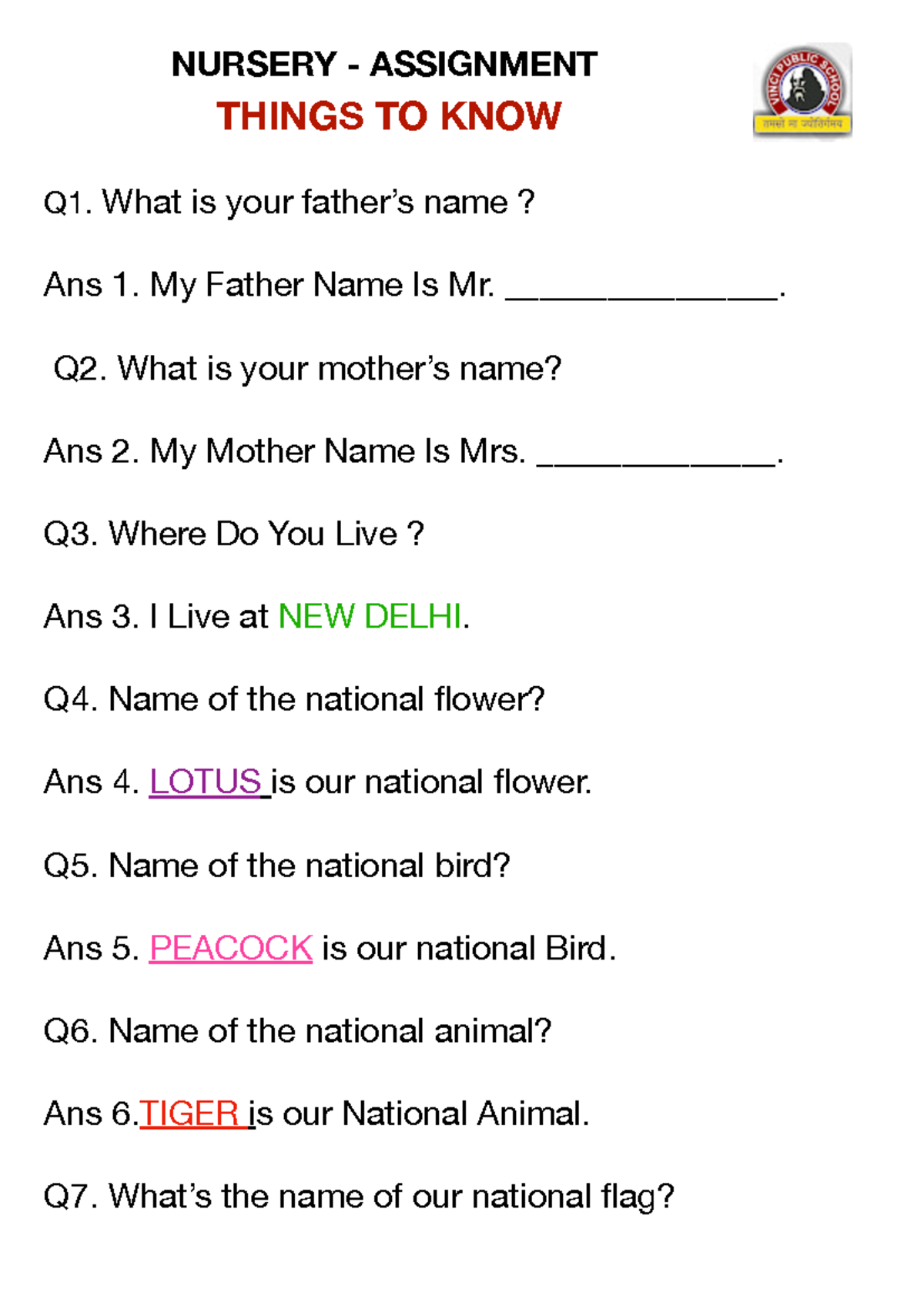 NUR Assignement - NURSERY - ASSIGNMENT THINGS TO KNOW Q1. What is your ...