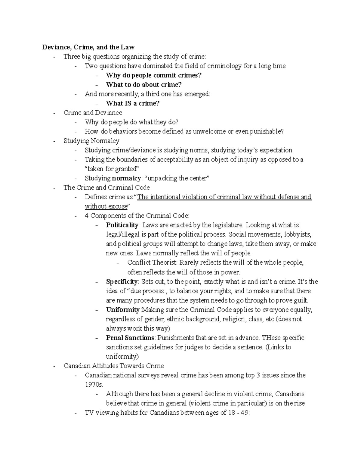 SOC100 Lecture 9 Notes - Deviance, Crime, and the Law - Three big ...