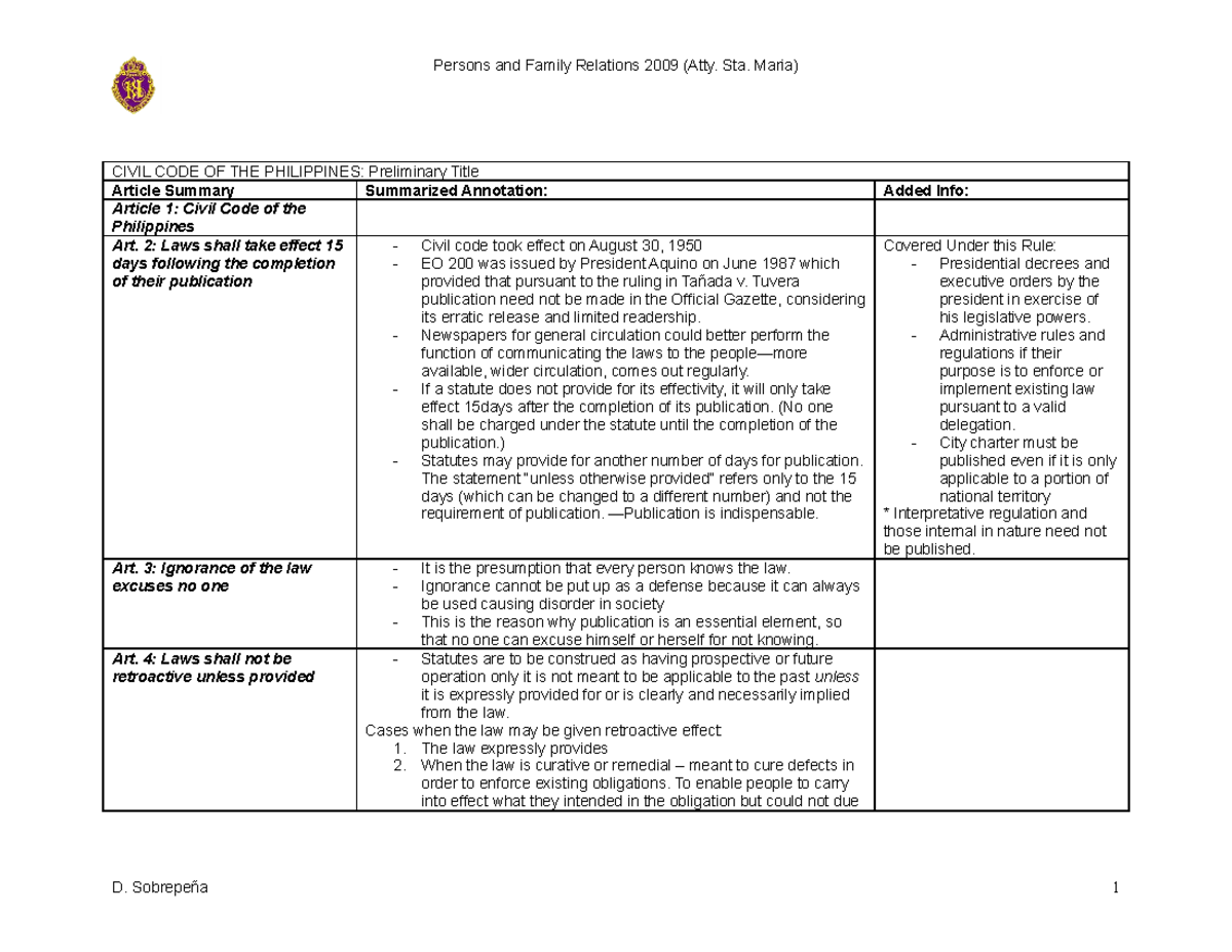 PFR Sta Maria notes - CIVIL CODE OF THE PHILIPPINES: Preliminary Title ...