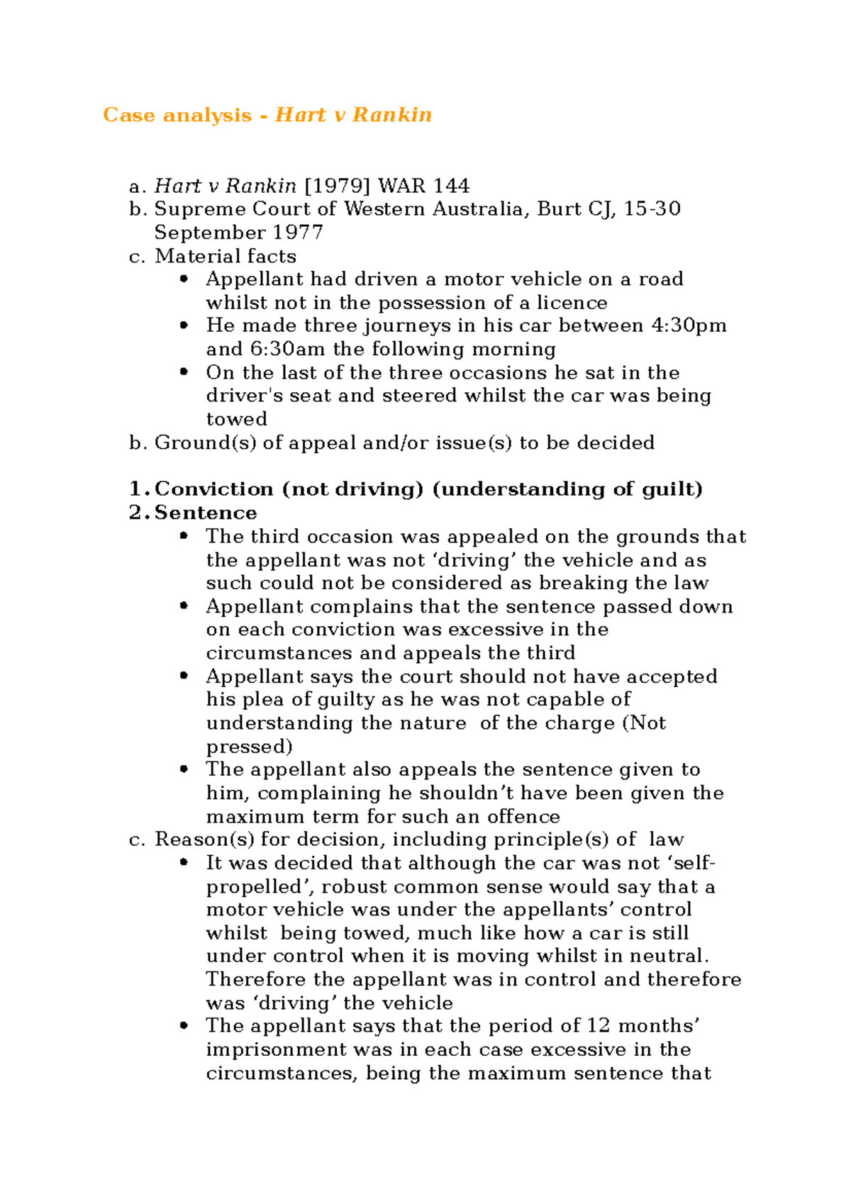 Hark v Rankin case study - Case analysis - Hart v Rankin a. Hart v ...