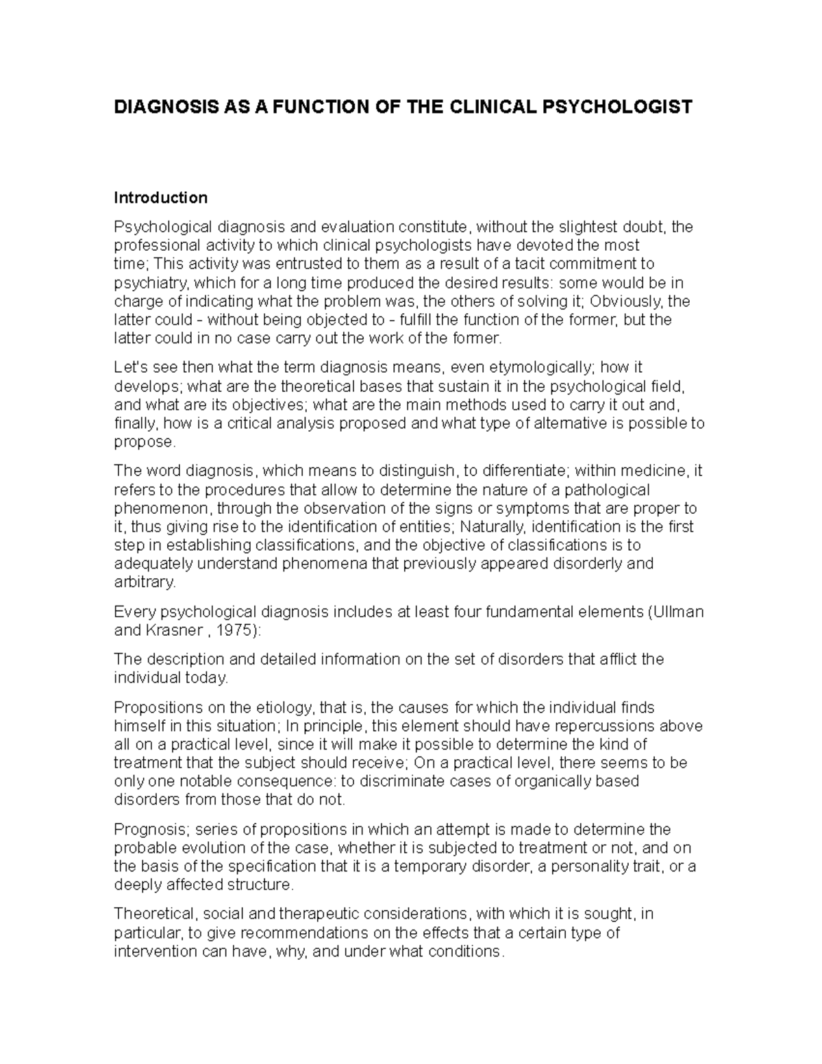 Diagnosis as a function of the clinical psychologist - DIAGNOSIS AS A ...