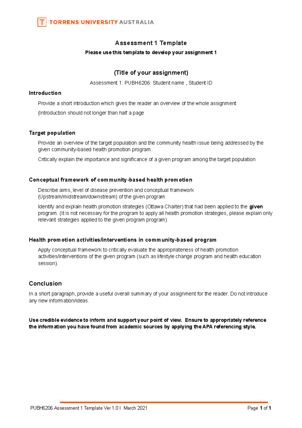 PUBH6206 Assessment 1 Template Final - Assessment 1 Template Please use ...