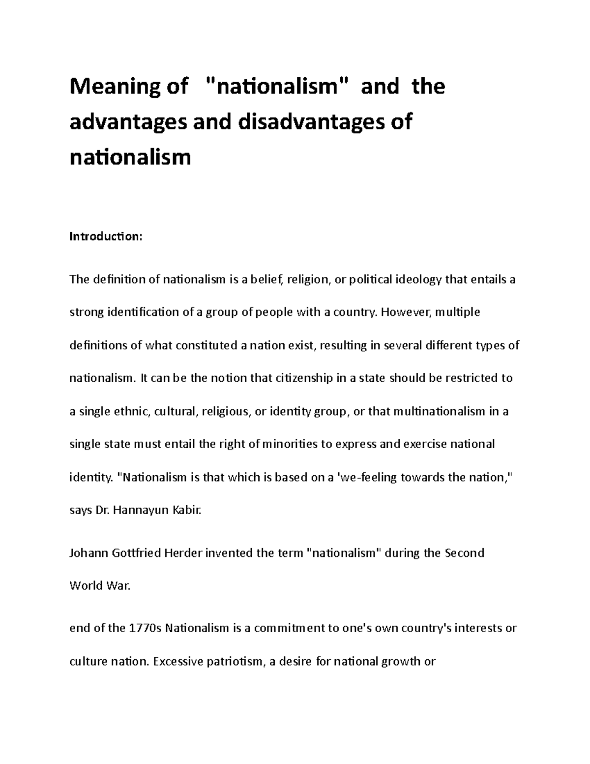 Meaning of nationalism and the advantages and disadvantages of ...