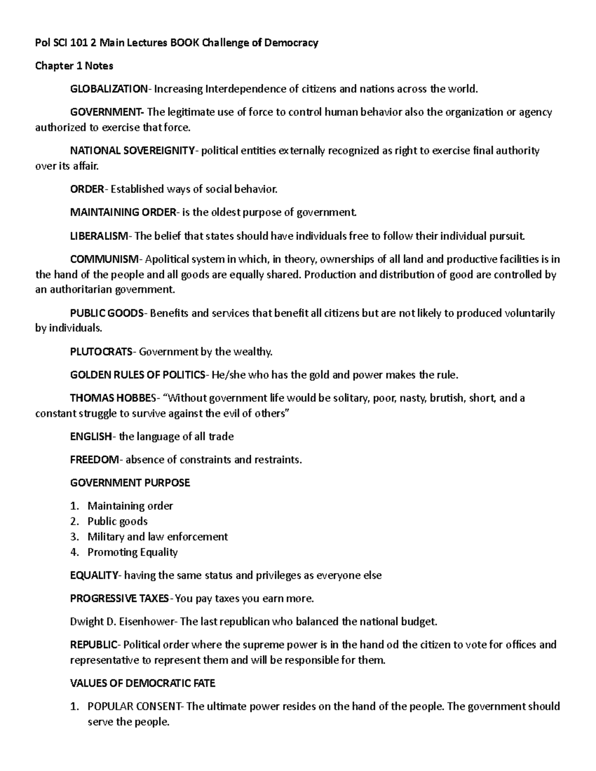 Csnnotes 4 - Lecture notes 1 and 2 - Pol SCI 101 2 Main Lectures BOOK ...