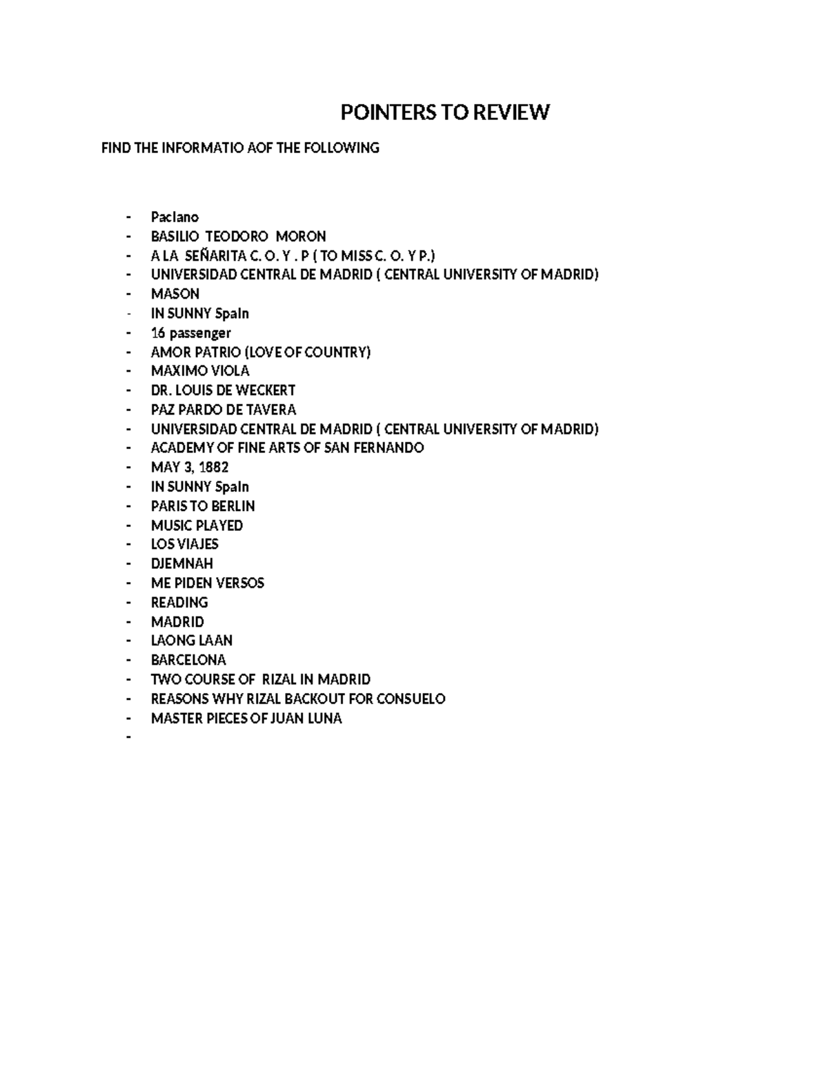 Pointers-TO- Review - POINTERS TO REVIEW FIND THE INFORMATIO AOF THE FOLLOWING - Paciano ...