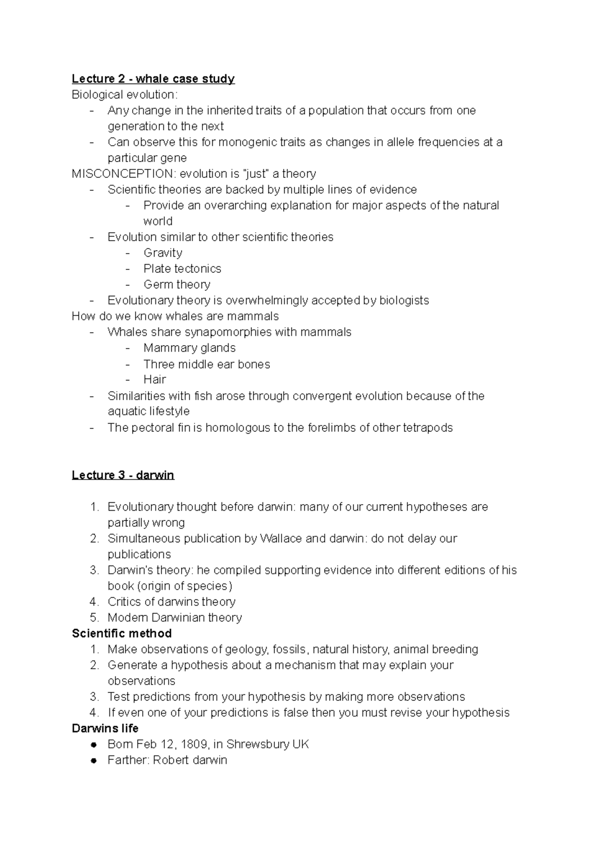 BIOL2400 notes - Lecture 2 - whale case study Biological evolution ...