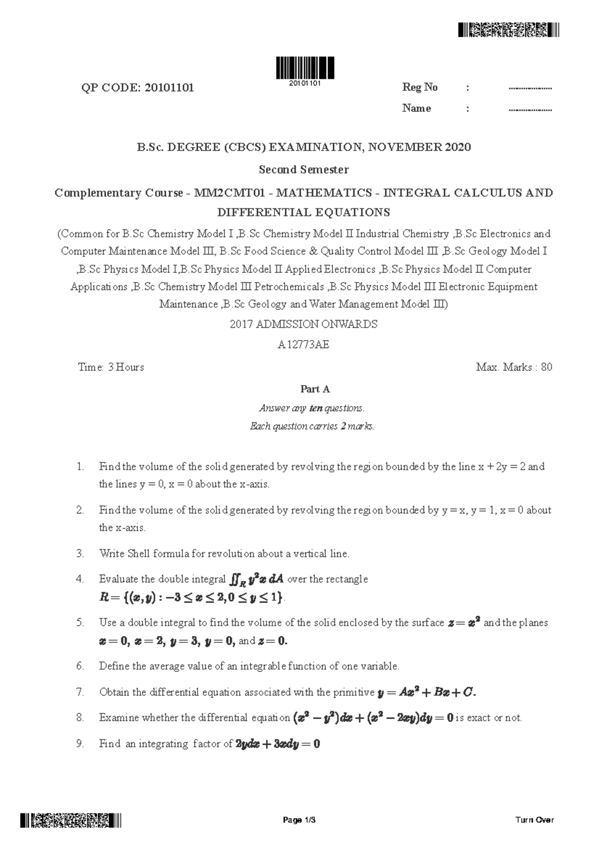 2010 1101 - QP CODE: 20101101 Reg No : ..................... Name : ..................... B ...