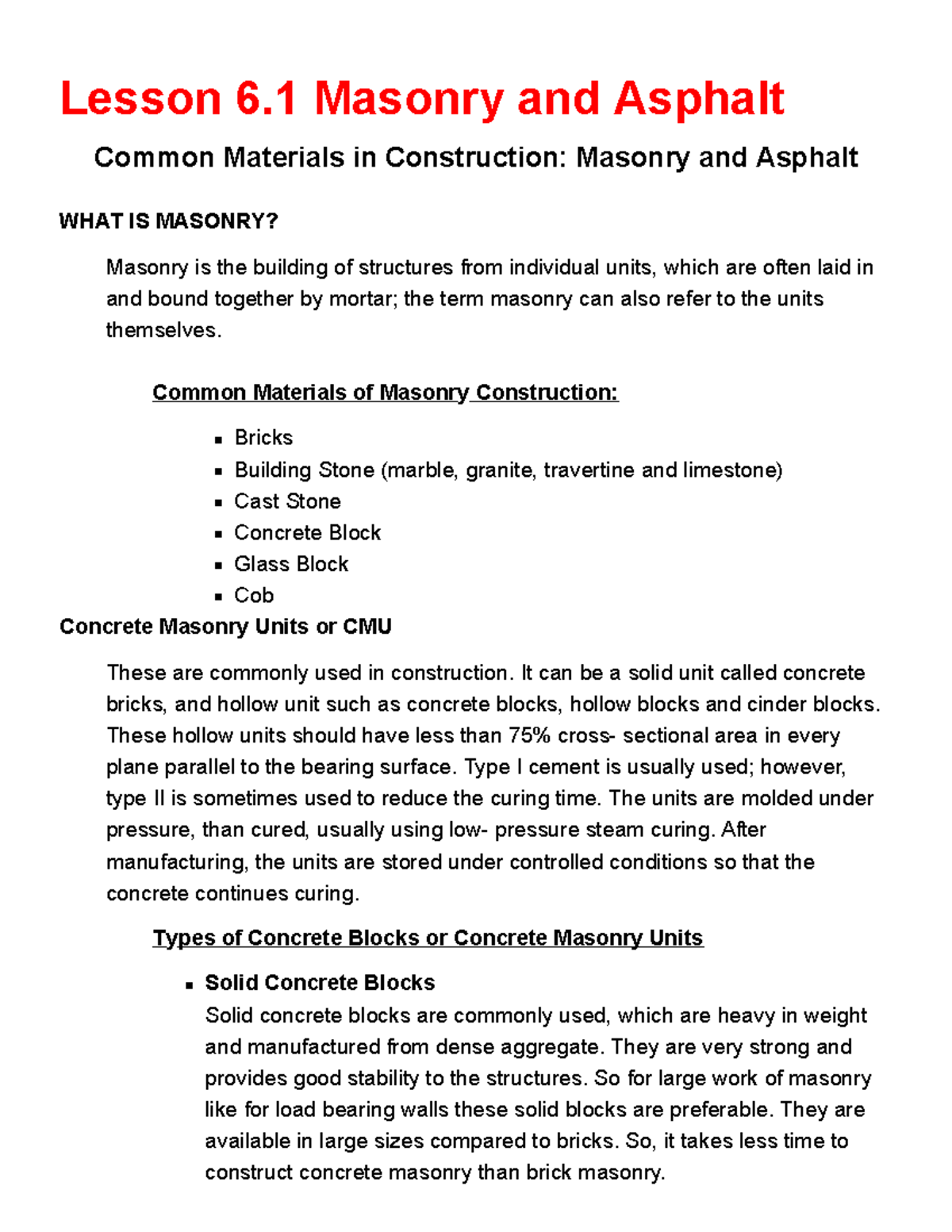 Masonry and Asphalt - Lesson 6 Masonry and Asphalt Common Materials in ...