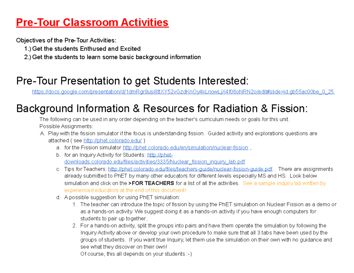 1 Nuclear Reactor Tour Prep - Pre-Tour Classroom Activities Objectives of the Pre-Tour ...