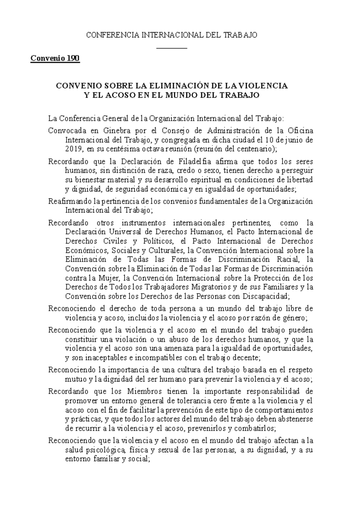 Convenio 190 OIT - CONFERENCIA INTERNACIONAL DEL TRABAJO Convenio 190 CONVENIO SOBRE LA ...
