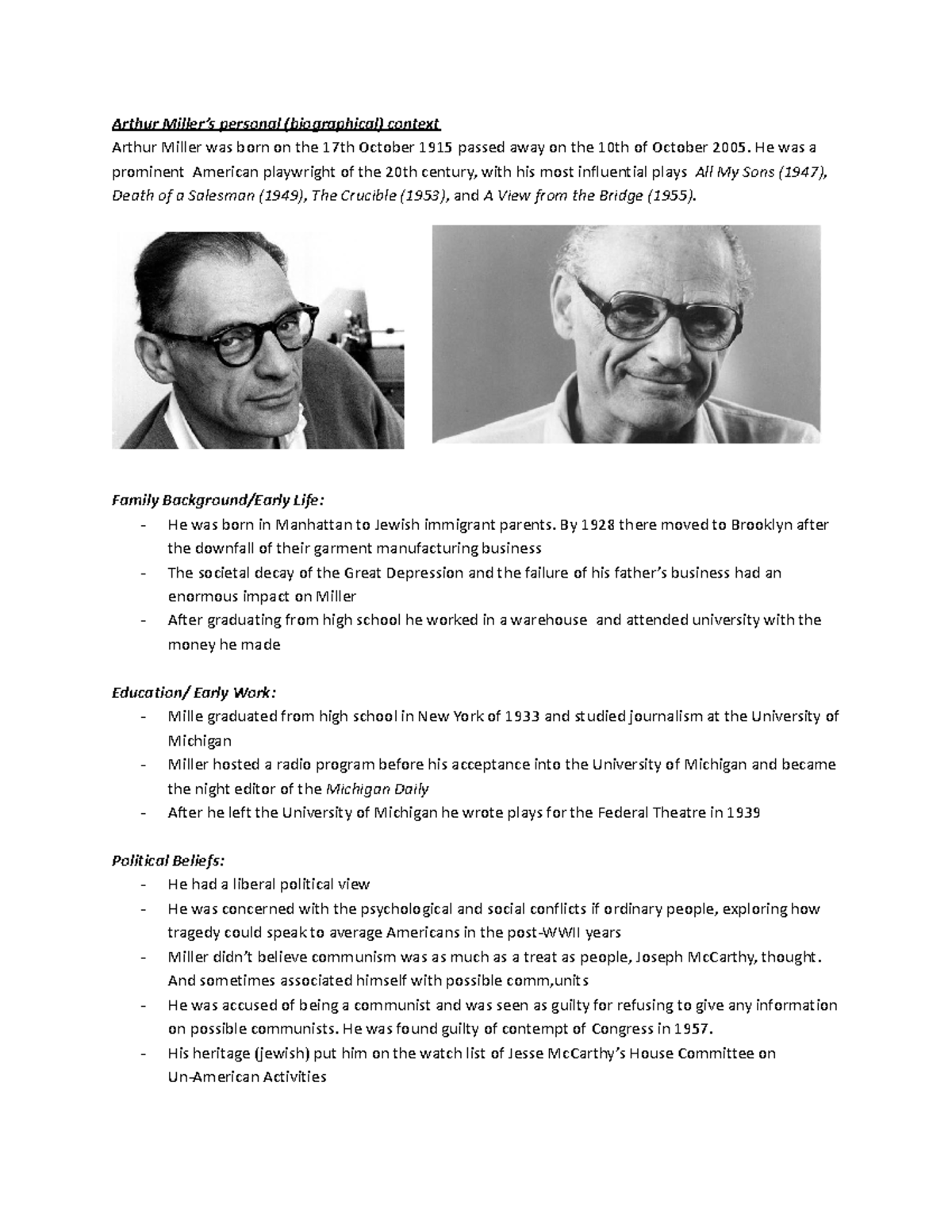 Arthur Miller context - Arthur Miller’s personal (biographical) context ...