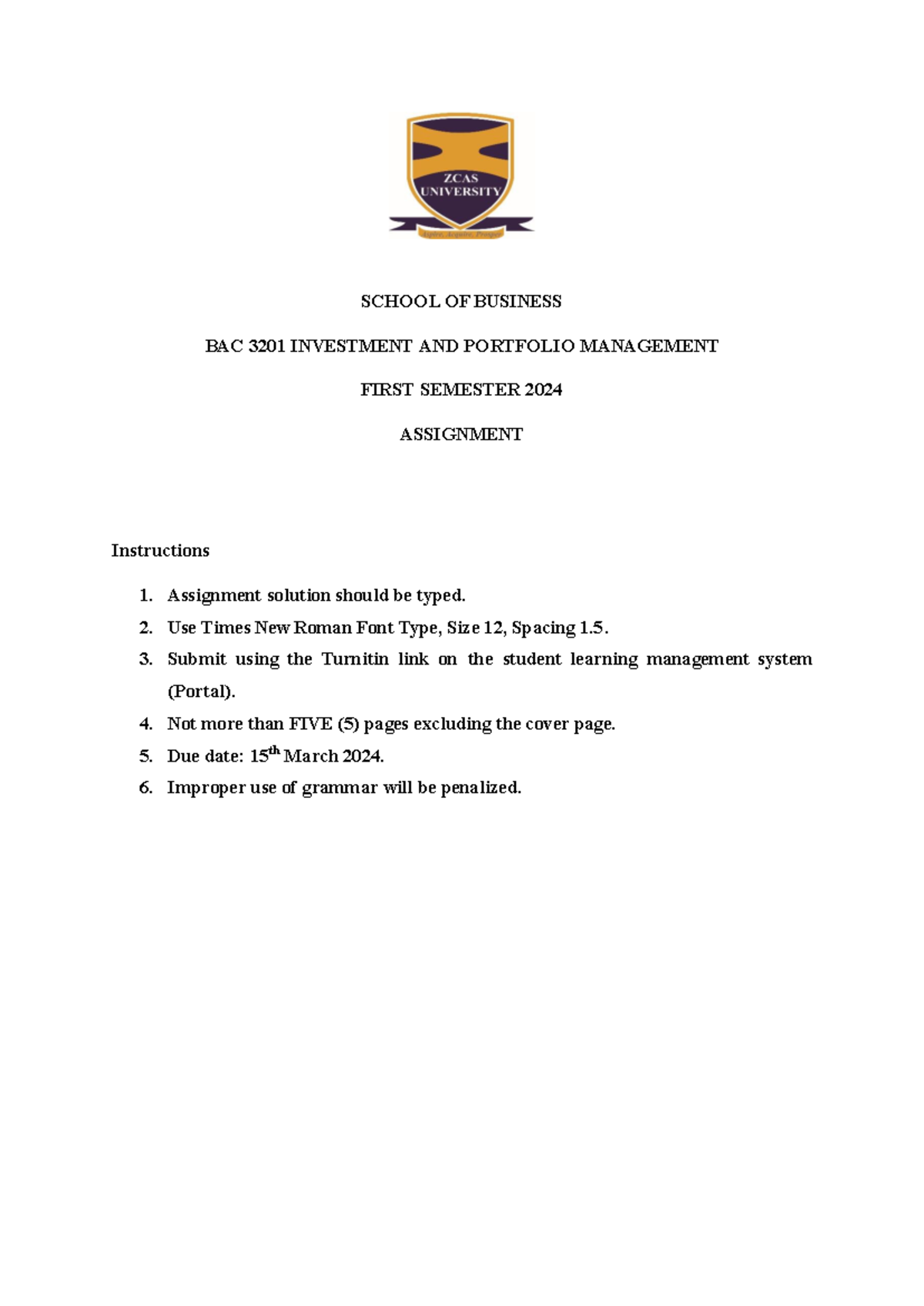 BBF 3201 Investment AND Portfolio Management Assignment 1ST Semester ...