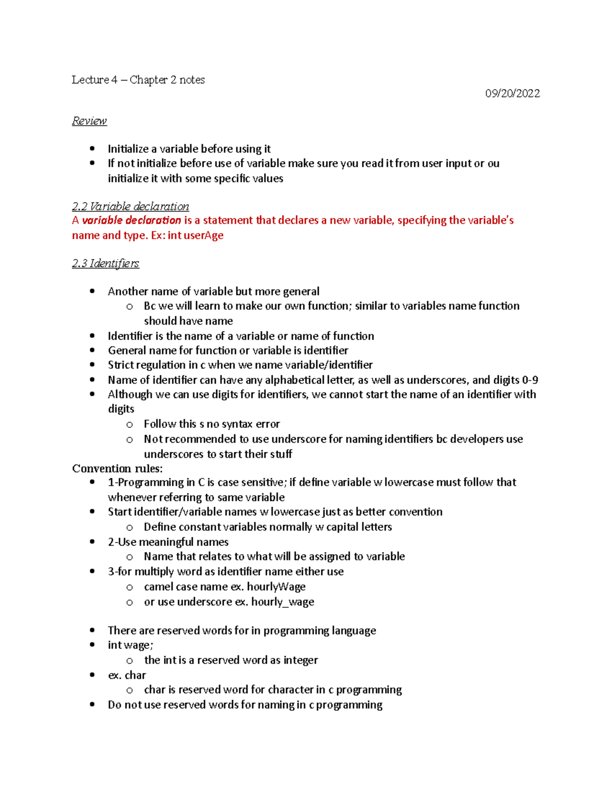 Chapter 2 notes - Lecture 4 – Chapter 2 notes 09/20/ Review Initialize ...