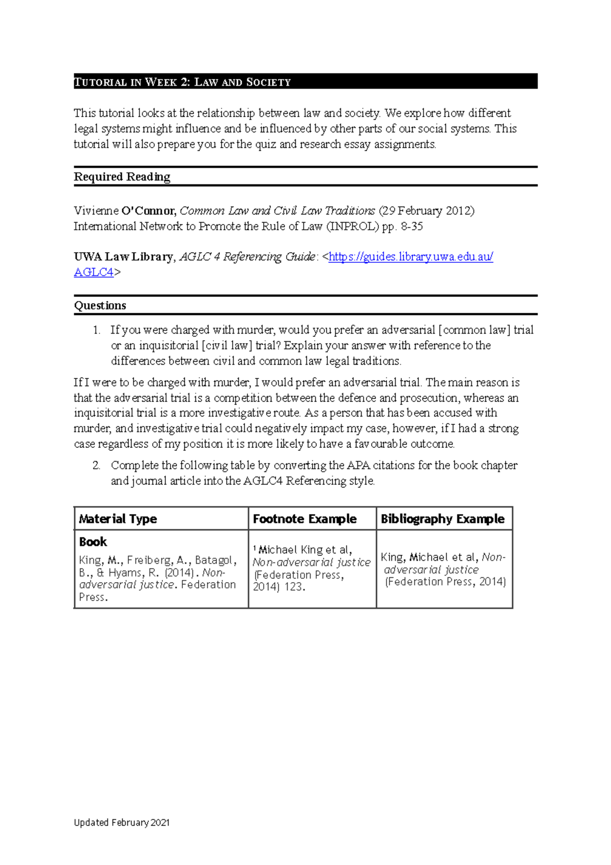 LAWS1111 WEEK 2 - TUTORIAL WORK - TUTORIAL IN WEEK 2: LAW AND SOCIETY ...