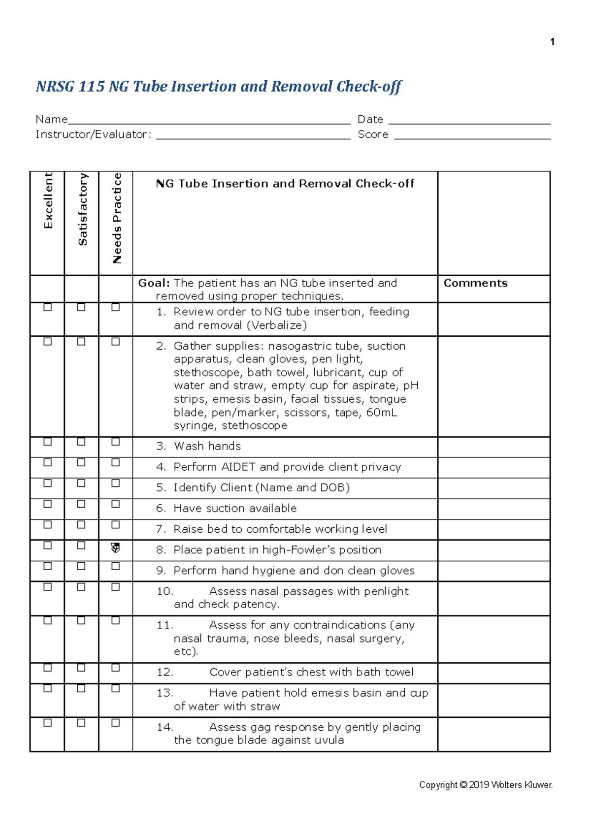 NG insertion and removal check-off ( Revised) - 1 NRSG 115 NG Tube ...