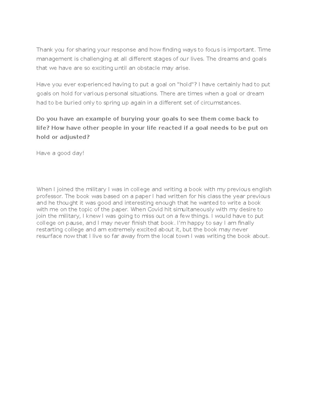 Goals and staying focused - Thank you for sharing your response and how ...