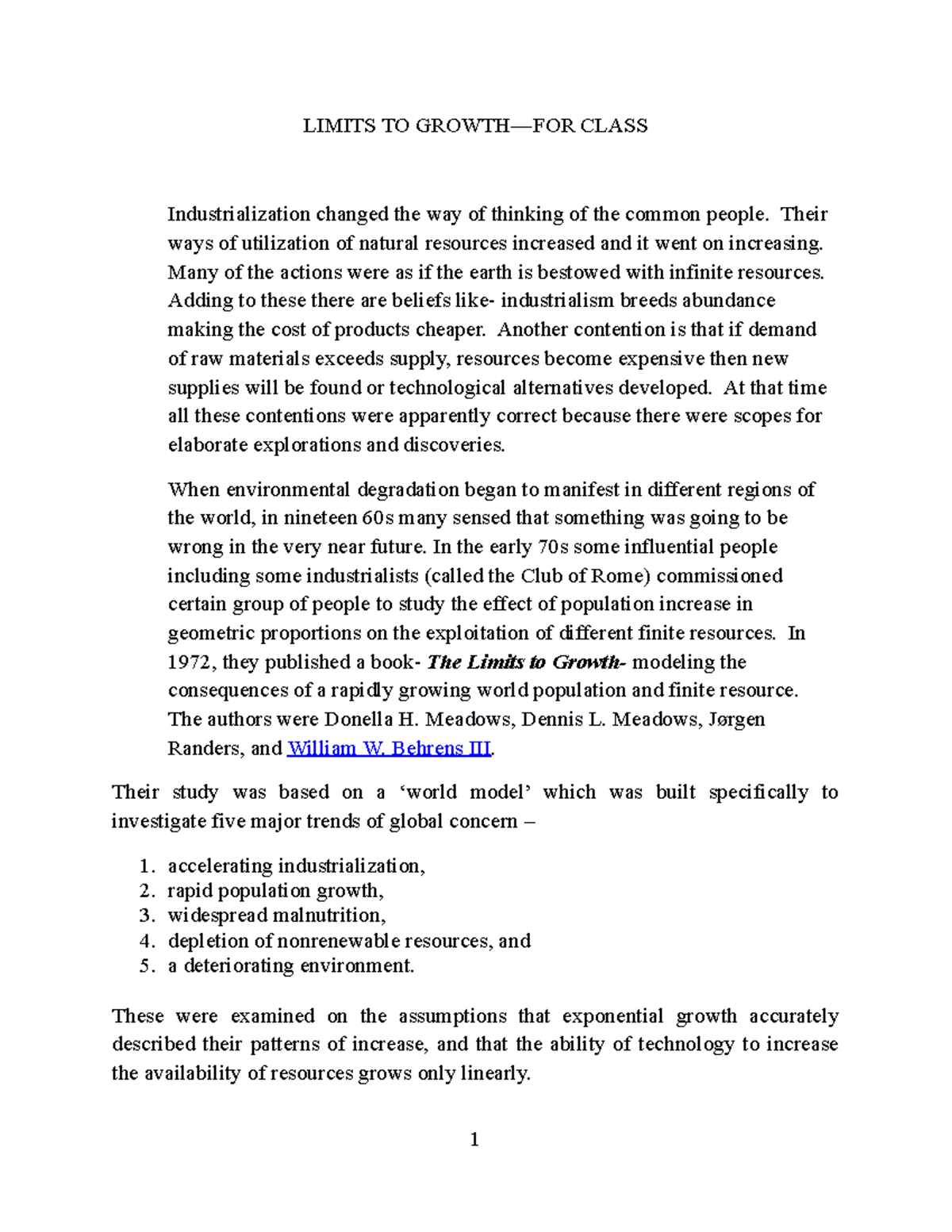 Limits TO Growth- Notes for the class 2012 - LIMITS TO GROWTH—FOR CLASS ...