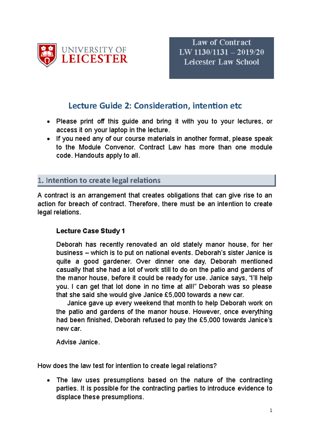 00Contract Law 2019-20 Consideration Lecture Guide - Law of Contract LW 1130/1131 – 2019 ...