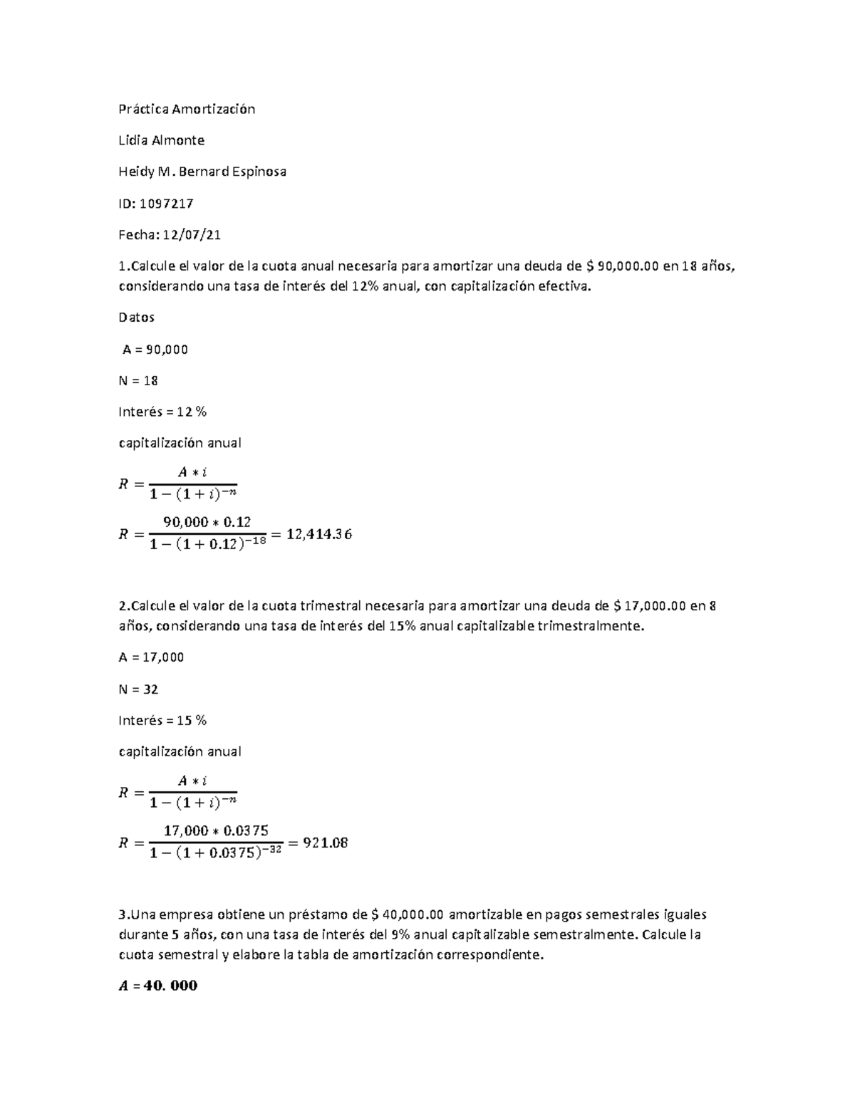 Práctica amortización - Matemáticas Financiera- 15/2021 - Práctica ...