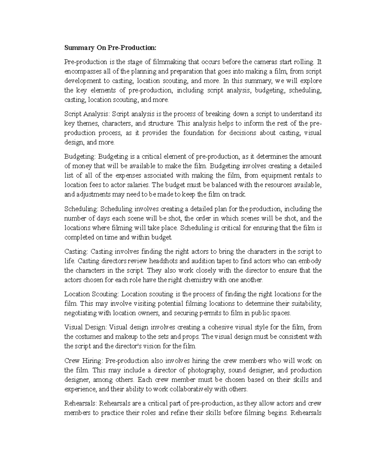 Summary On Pre-Production - Summary On Pre-Production: Pre-production ...