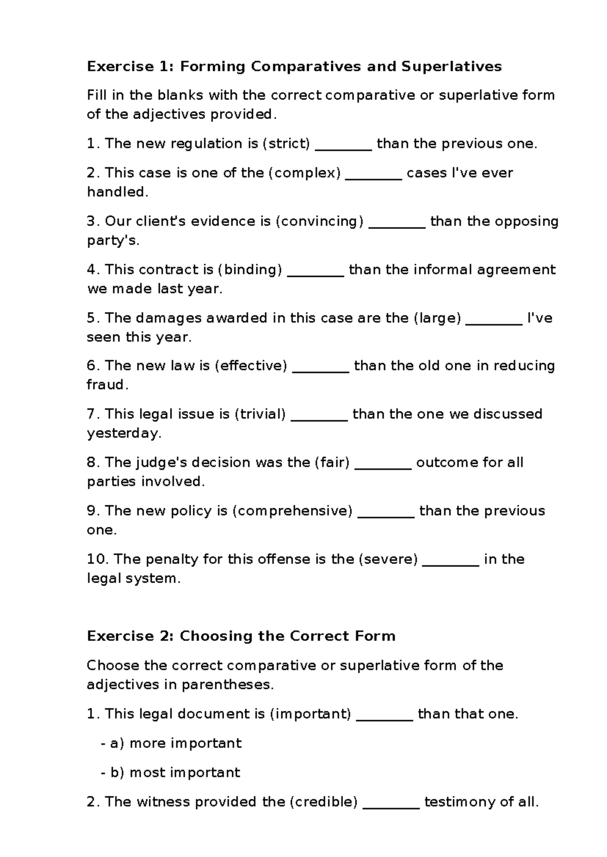Exercise 1 adjectives SS 2 - Exercise 1: Forming Comparatives and ...