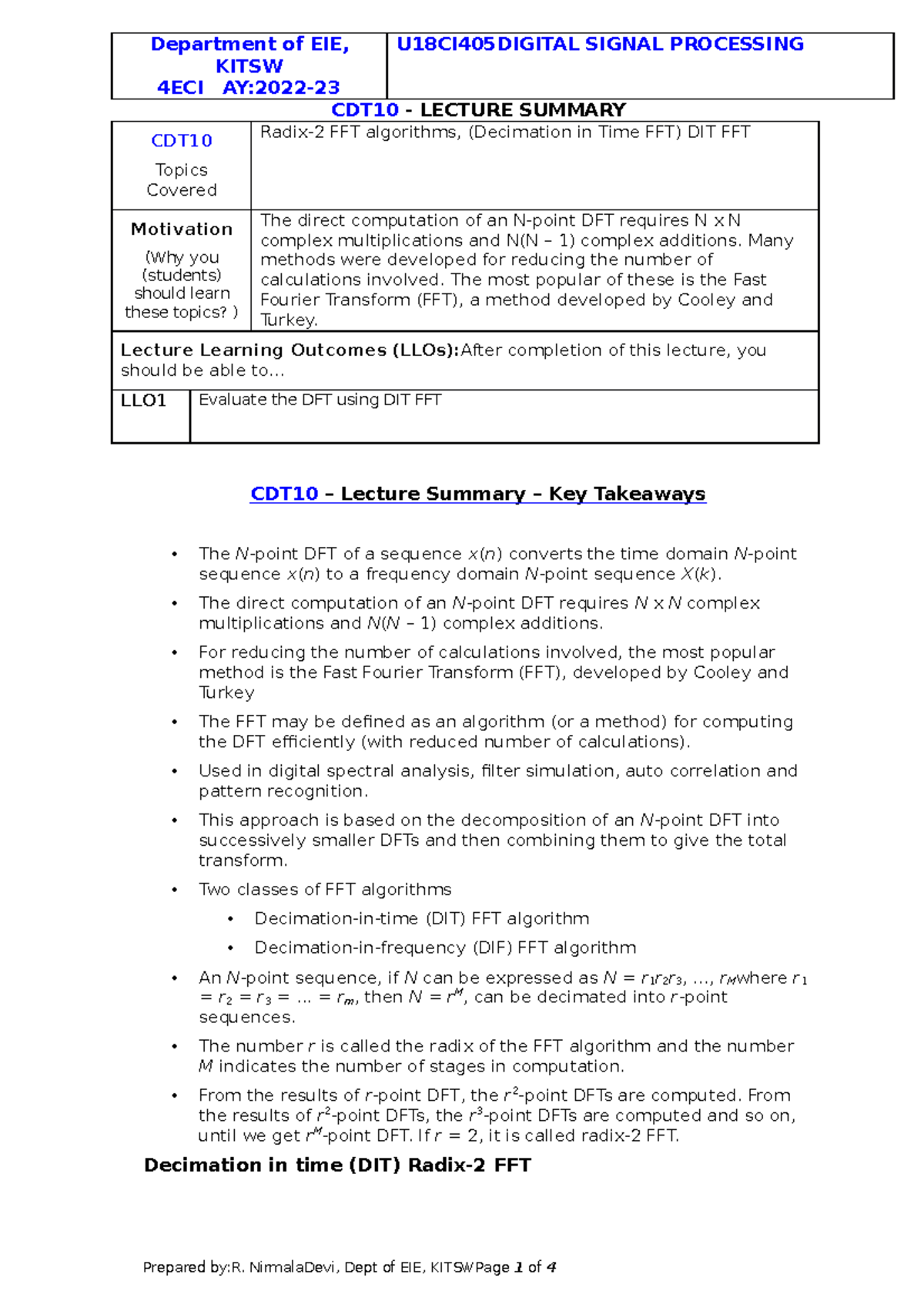 DSP CDT10 Summary 4ECI RND 2022-23 - KITSW 4ECI AY:2022- CDT10 - LECTURE SUMMARY CDT Topics ...