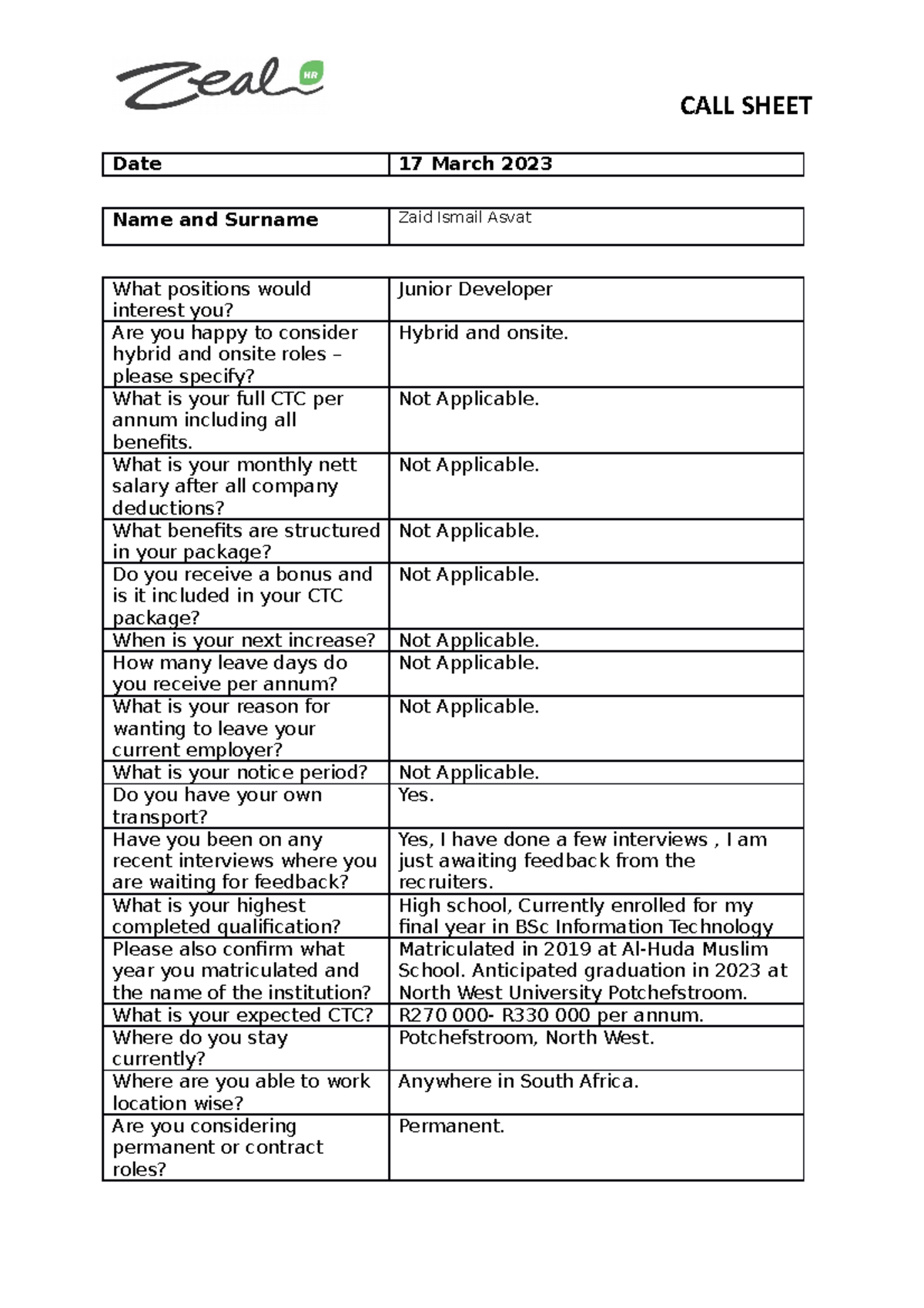 Zeal Candidate Information - CALL SHEET Date 17 March 2023 Name and ...