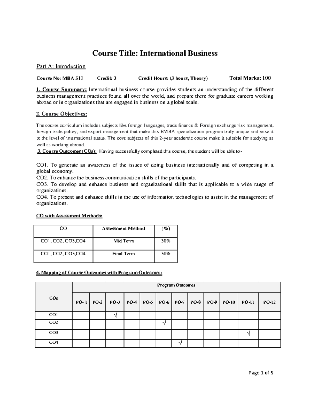 MBA 511 OBE (EMBA) - this is the course summary and course outline - Course Title: International ...