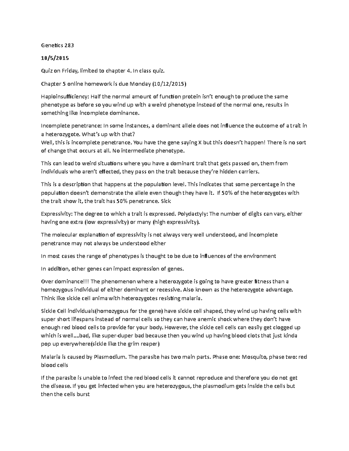 Chapter 4 - Notes from general genetics, fall 2015 - Genetics 283 10/5 ...