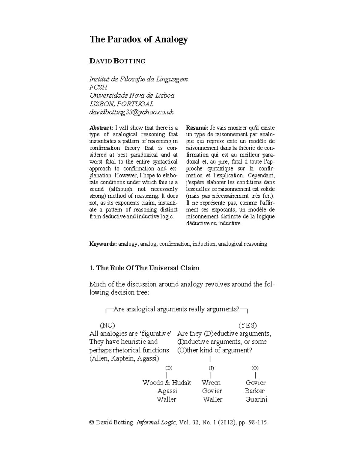 The Paradox of Analogy David Botting - © David Botting. Informal Logic ...