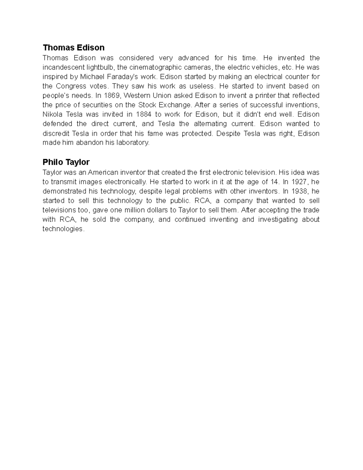 1IE112 Ingles - Summary of Thomas E and Phil T - Thomas Edison Thomas ...