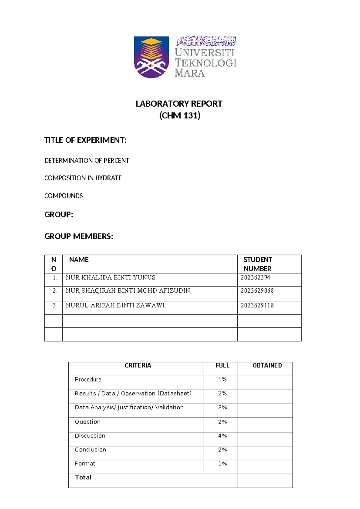 LAB Report CHM131 EXP2 - LABORATORY REPORT (CHM 131) TITLE OF ...