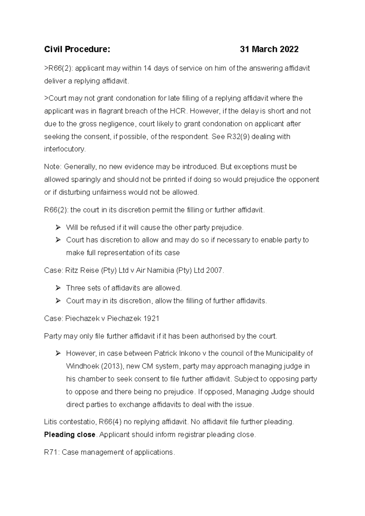 Notes typing Civil - Civil Procedure: 31 March 2022 R66(2): applicant ...