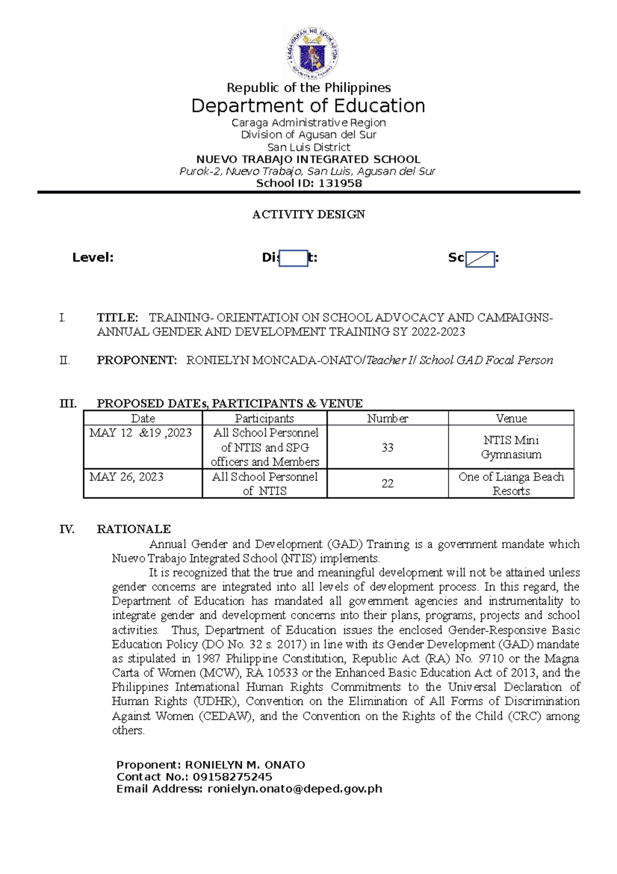 GAD Training proposal 2023 - Republic of the Philippines Department of ...