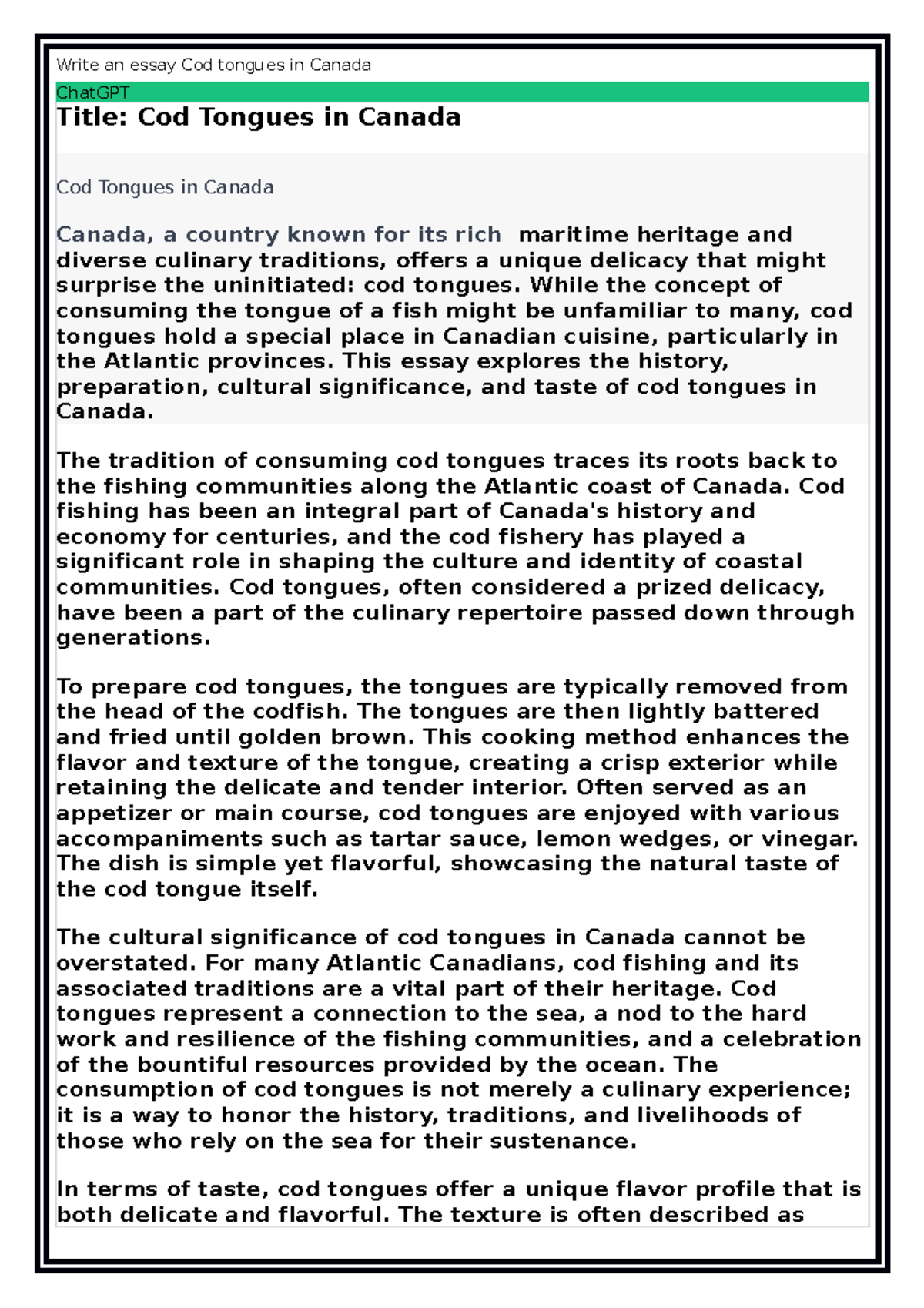 Cod tongues in Canada Practice essay - Write an essay Cod tongues in ...