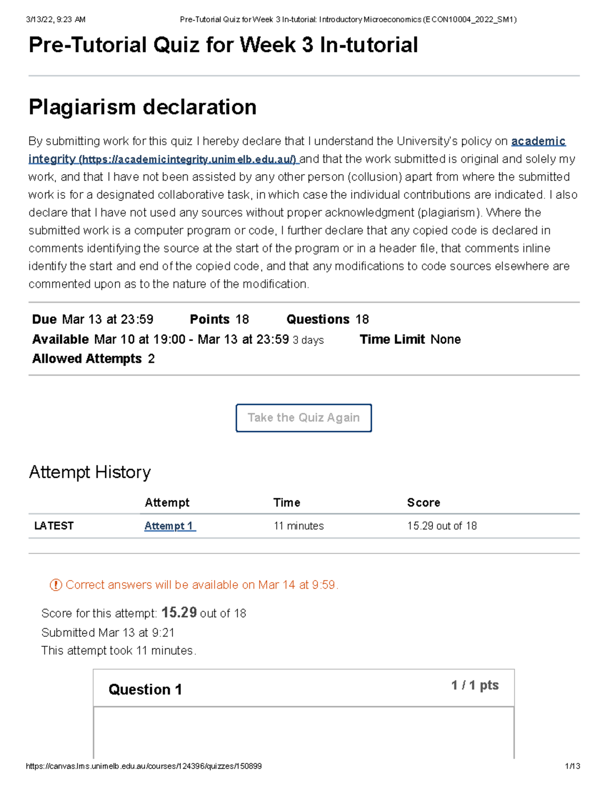 Pre-Tutorial Quiz for Week 3 In-tutorial Introductory Microeconomics ...