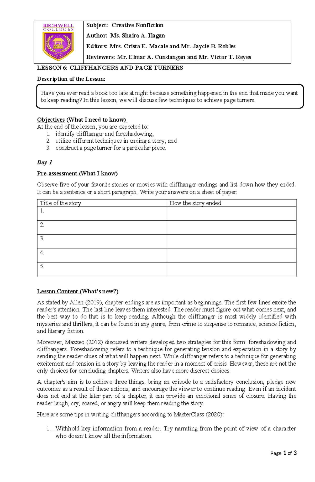 Creative Nonfiction Lesson 6 - LESSON 6: CLIFFHANGERS AND PAGE TURNERS ...