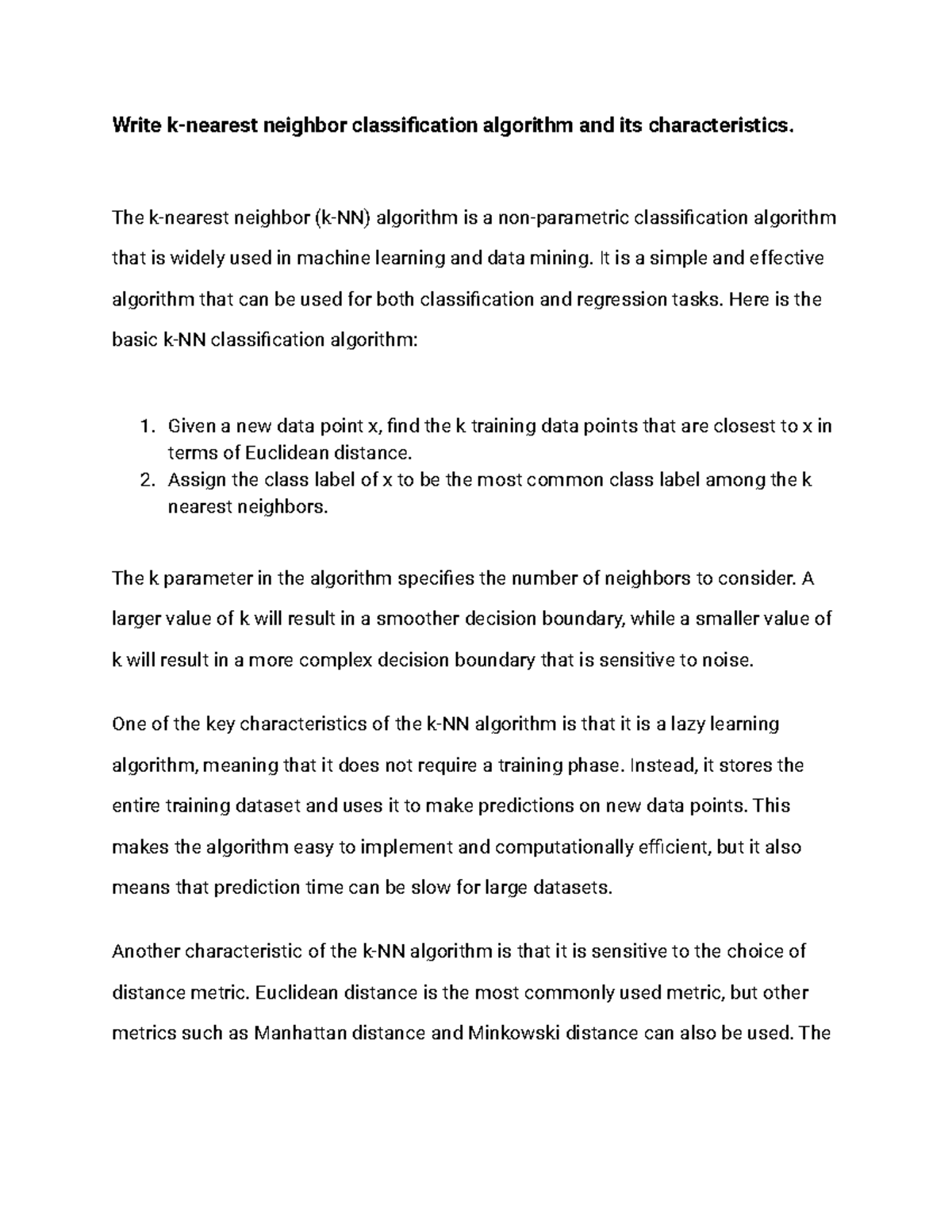 Write K Nearest Neighbor Classification Algorithm And Its Characteristics The K Nearest