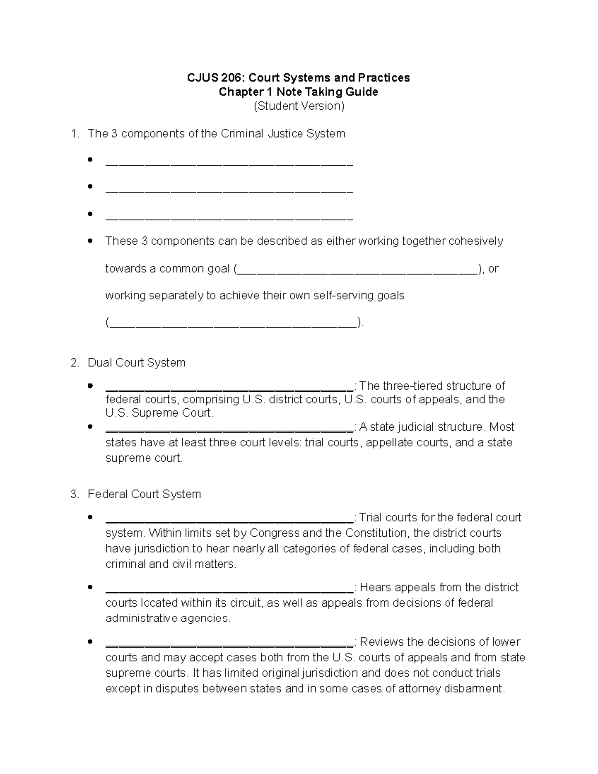 Cjus 206 chapter 1 notes - CJUS 206: Court Systems and Practices ...