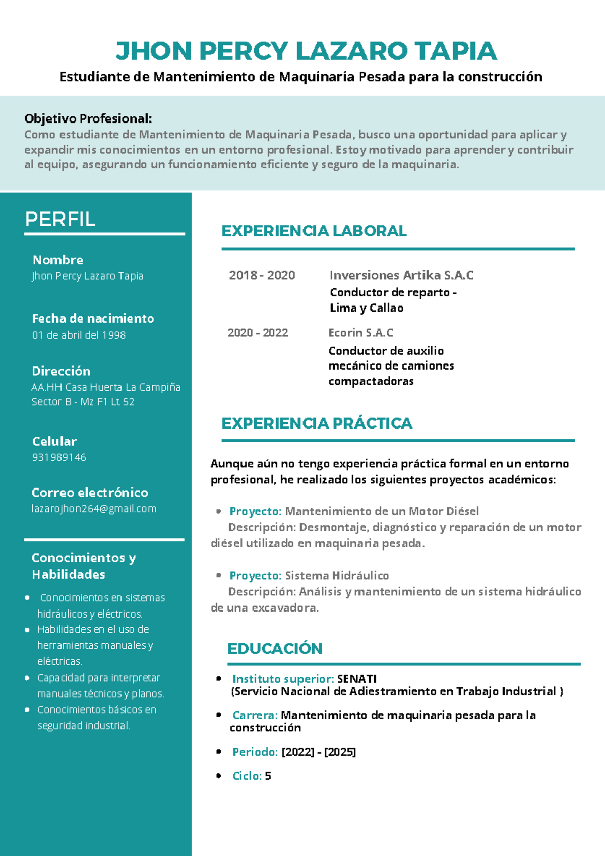 Hoja de Vida para Diseñadores Gráficos - JHON PERCY LAZARO TAPIA ...