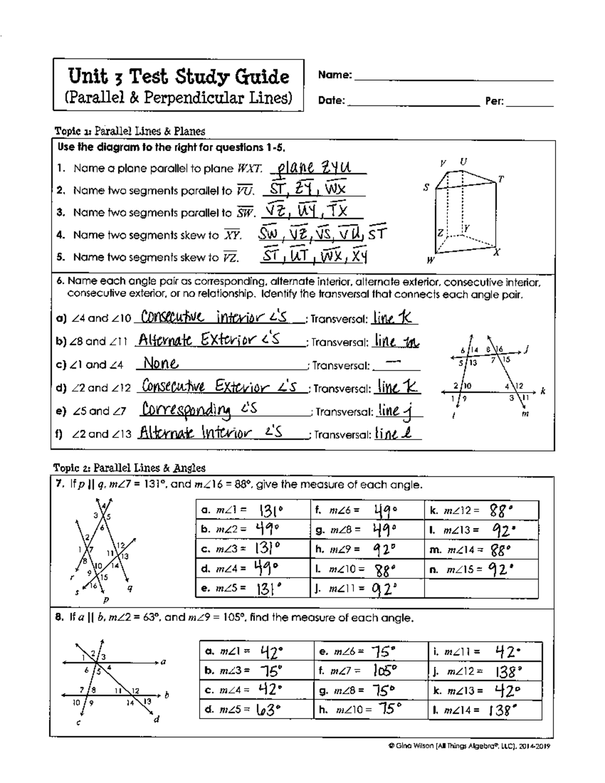 Unit 3 Study Guide Solutions - Unit 3 Test Study Guide Name: (Parallel ...