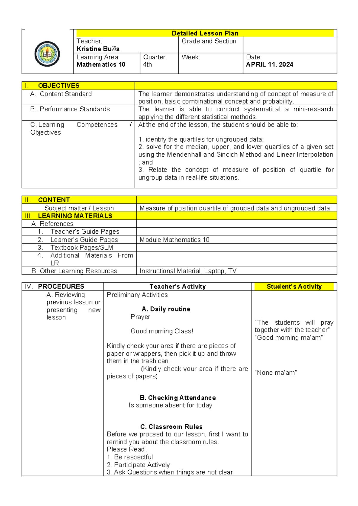 Q-U-TIN - Detailed Lesson Plan Teacher: Kristine Bu ~na Grade and ...