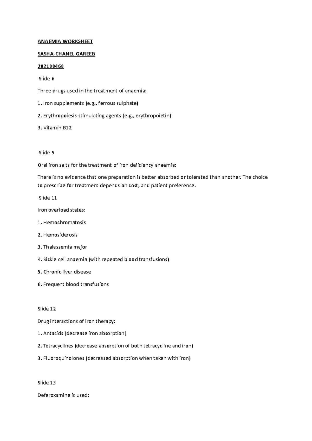 Anaemia Worksheet - ANAEMIA WORKSHEET SASHA-CHANEL GAREEB 202100460 ...