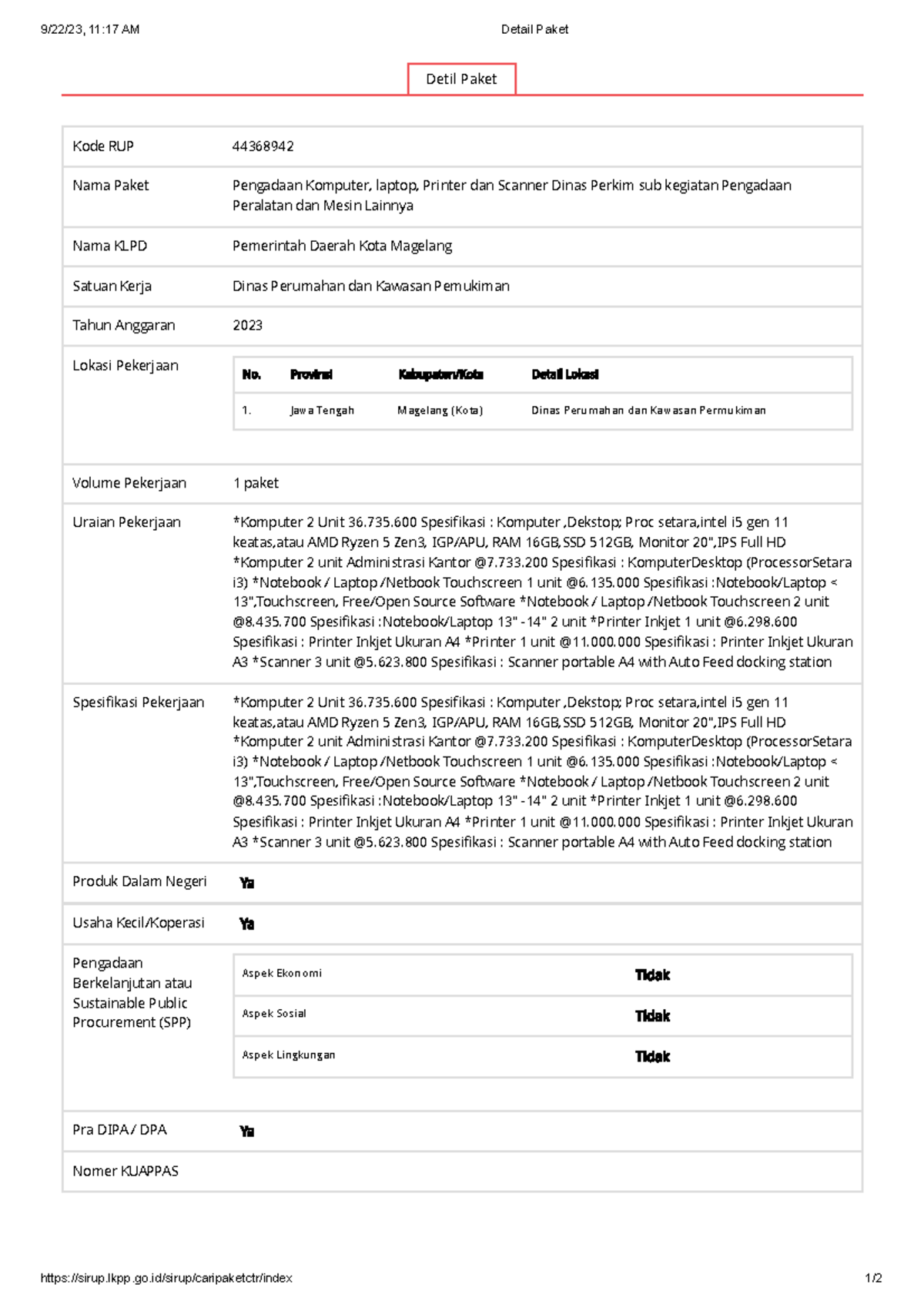 contoh ekonomi 1 - 9/22/23, 11:17 AM Detail Paket sirup.lkpp.go/sirup ...