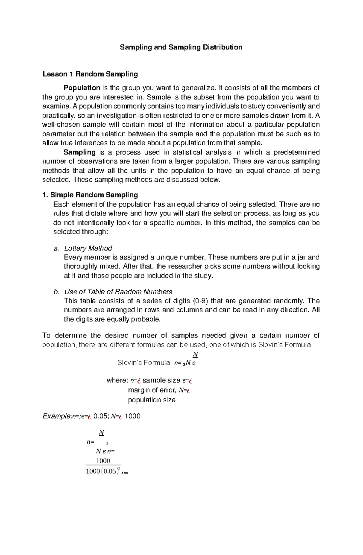 Grade 11 Prob & Stats Lesson 1, 2, 3 and 4 - Sampling and Sampling Distribution Lesson 1 Random ...