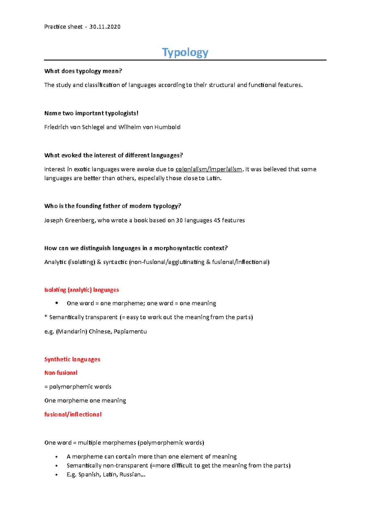 Practice sheet - Typology - questions - Typology What does typology ...