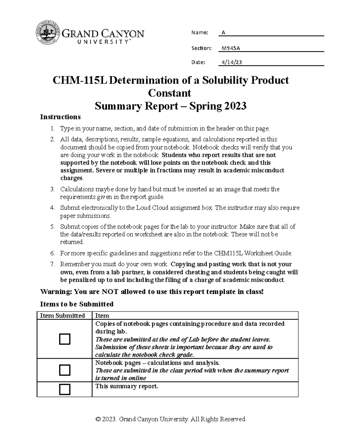 CHM 115L RS exp10 Solubility summary report - Section: M945A Date: 4/14 ...