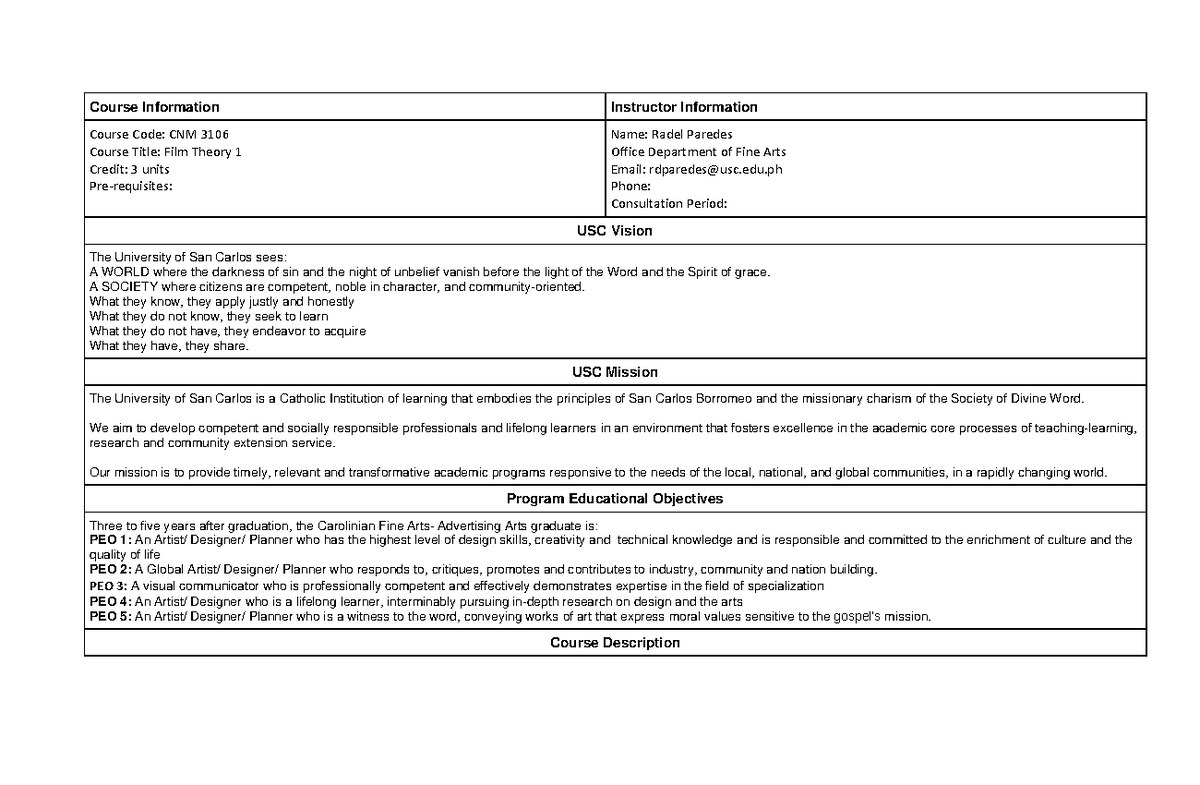 CNM3106 Film Theory 1 Syllabus - Course Information Instructor ...