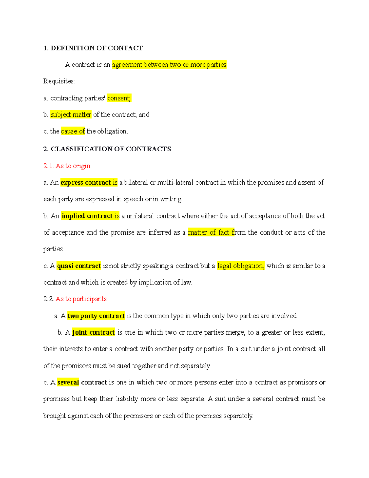 Reviewer Melaws 1 - 1. DEFINITION OF CONTACT A contract is an agreement ...