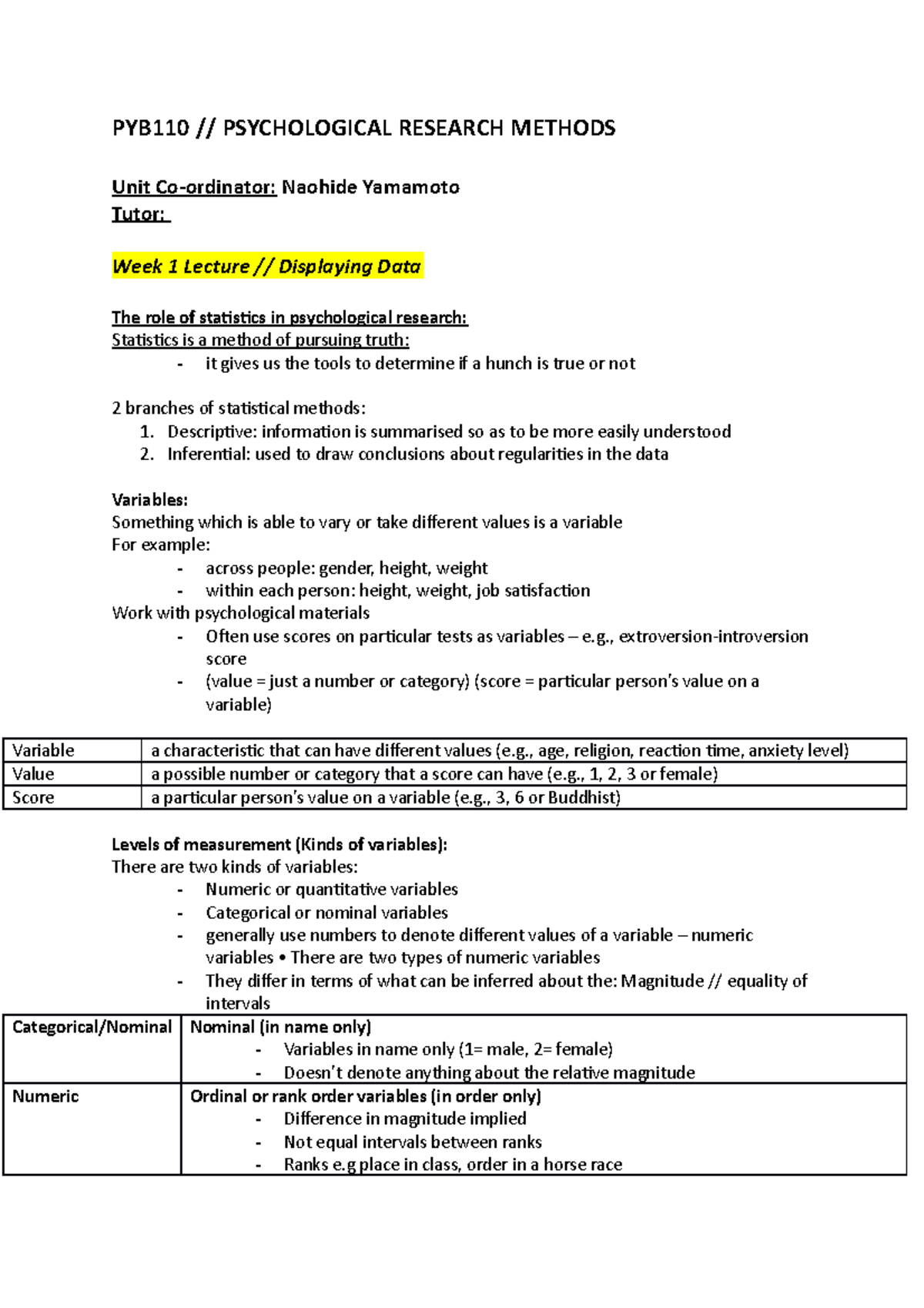 Psych Research Lecture Notes - PYB110 // PSYCHOLOGICAL RESEARCH METHODS ...